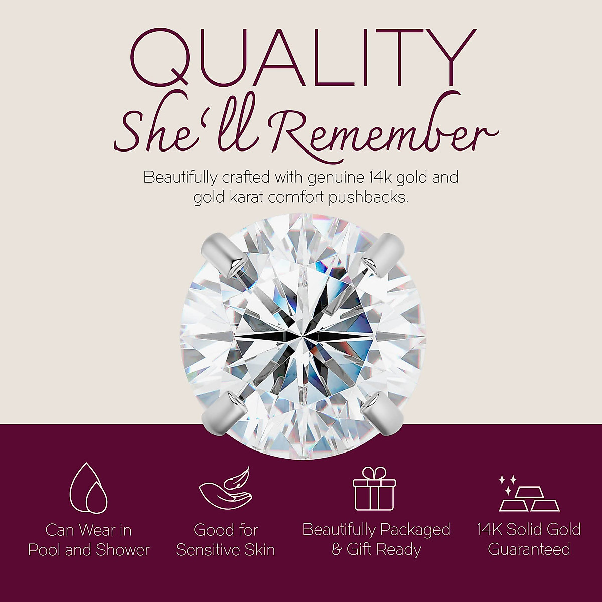 Solid 14k White Gold Solitaire Round Cubic Zirconia CZ Stud Earrings with 14kt Gold Butterfly Push Backings