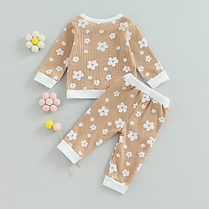 Toddler Baby Girl Fall Winter Outfit Floral Print Long Sleeve Sweatshirt and Elastic Waist Pants Newborn Clothes Set (Waffle Floral Khaki, 12-18 Months)