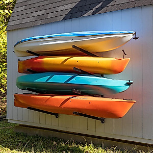 StoreYourBoard Outdoor 4 Kayak Storage Rack, Wall Mount, Holds 400 lbs, All Weather Heavy-Duty Metal Organizer, Adjustable Levels