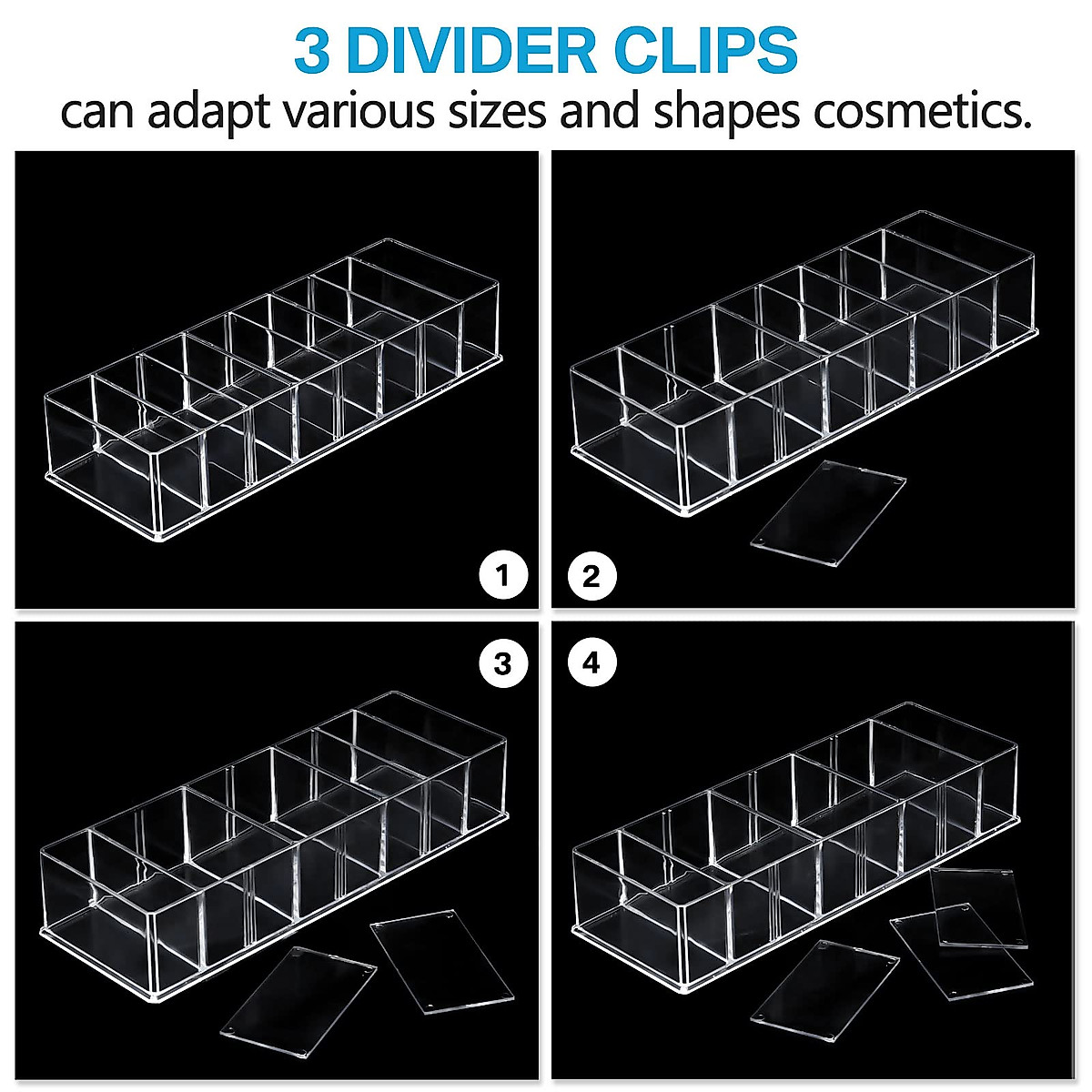 Tuanse 4 Pieces Acrylic Makeup Compact Organizer Detachable 8 Spaces Clear Vanity Drawer Organizer Eyeshadow Palette Storage for Lipstick Highlighter, Skincare Cosmetic Display Cases for Bathroom