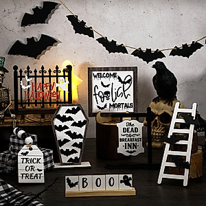 Umigy 15 Pcs Halloween Tiered Tray Decor Set Cute Halloween Bat Wooden Signs Farmhouse Rustic Tiered Tray Decoration Items for Home Table Kitchen Halloween Party Supplies