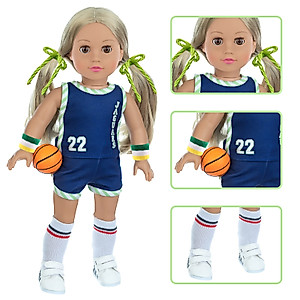 18 Inch Doll Clothes and Accessories - Basketball Clothes Sports Set Designed for 18 Inch Girl Doll Include Doll Clothes, Hair Bands, Bracers, Shoes, Socks and Basketball