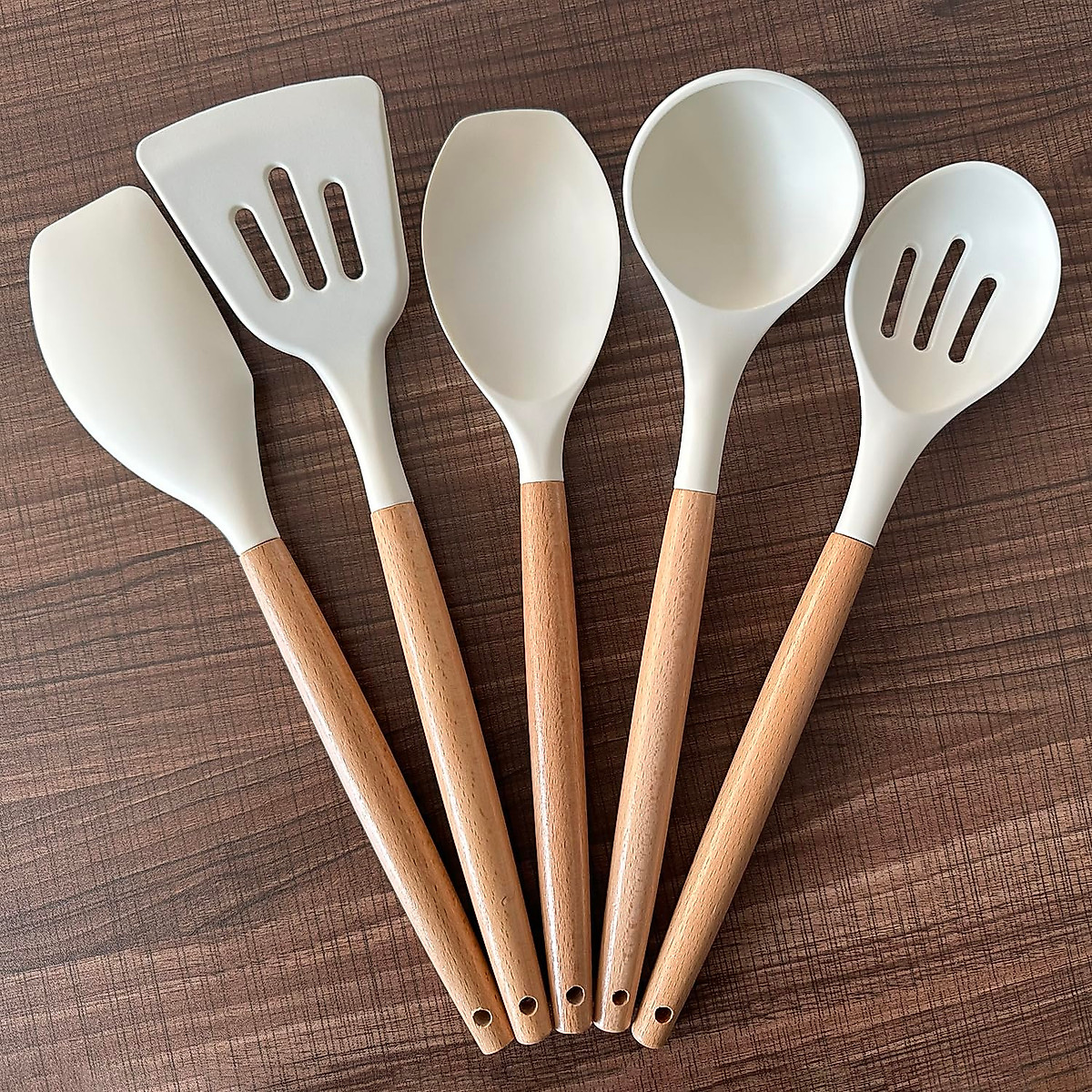 IOCBYHZ Silicone Kitchen Utensils Set of 5, Cooking Utensils Set with Heat Resistant Wooden Handle Non-Stick Silicone Spatula Spoon Turner Ladle Set, BPA FREE Kitchen Gadgets Utensil Set for Cookware