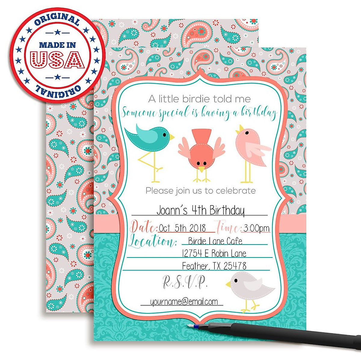 A Little Birdie Told Me Themed Birthday Party Celebration Invitations, 20 5x7 Fill In Cards with Twenty White Envelopes by AmandaCreation