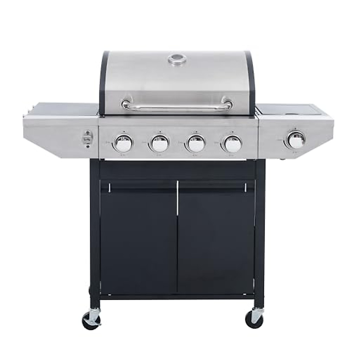 Propane Gas Grill, 4 Burners BBQ Grill with Side Burner & Thermometer, Freestanding Stainless Steel Grill Cart with Wheels for Outdoor Garden Cooking Barbecue, 42000 BTU