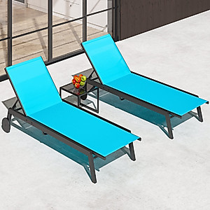 YITAHOME Outdoor Chaise Lounge Chairs Set with Side Table, 3 Pieces Adjustable Backrest Poolside Loungers with Aluminum Frame/Textilene Fabric/Wheels for Pool Beach Patio Lawn Porch (Blue)
