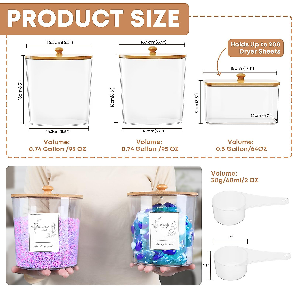 COAZEX 3 Pack Laundry Powder Container & Dryer Sheet Holder, Large Plastic Laundry Room Organization and Storage Jars with Lids, Labels & Scoops for Powder, Detergent, Scent Booster