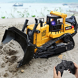 fisca Remote Control Bulldozer RC 1/16 Full Functional Construction Vehicle, 2.4Ghz 11 Channel Dozer Front Loader Toy with Light and Sound for Kids Age 6, 7, 8, 9, 10 and Up Years Old
