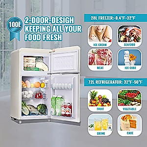 WANAI Mini Fridge with Freezer 3.5 Cu.Ft Compact Refrigerator with 7 Level Thermostat Two Door Portable Room Fridge with Removable Glass Shelves, Suitable for Kitchen Apartment Dorm Bar Redroom, Cream