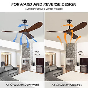 Solid Wood Ceiling Fans Without Light, 52 Inch Real Wood Ceiling Fan with Remote Control and 3 blade, Natural Wood Ceiling Fan Waterproof, Indoor Outdoor Ceiling Fans for Patio, Bedroom, Living room