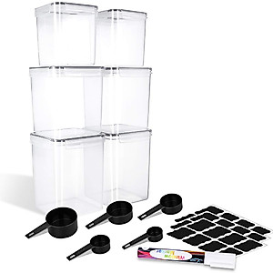 ME.FAN Food Storage Containers [Set of 6] Food Canisters / Flour Container - Pantry Bulk Airtight Storage Keeper with 5 Set Measuring Cups 24 labels & Pen - Black