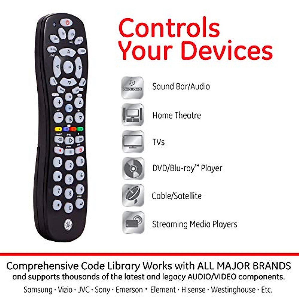 GE Universal Remote Control for Samsung, Vizio, Lg, Sony, Sharp, Roku, Apple TV, TCL, Panasonic, Smart TVs, Streaming Players, Blu-Ray, DVD, 6-Device, Black, 34459