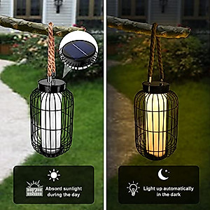 pearlstar Large Solar Powered Lantern Outdoor-Heavy Duty Metal Hanging Lights Decorative Solar Table Lamp Waterproof for Outside Patio Yard Garden Porch Tabletop Decor (Black)