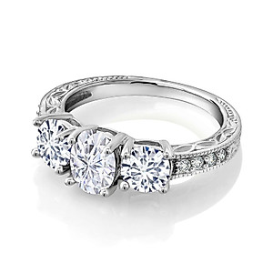 Gem Stone King 10K White Gold Gemstone Birthstone and Lab Grown Diamond 3-Stone Engagement Ring | Oval 7X5MM and Round 5MM | Three Stone Wedding Anniversary Promise Ring For Women