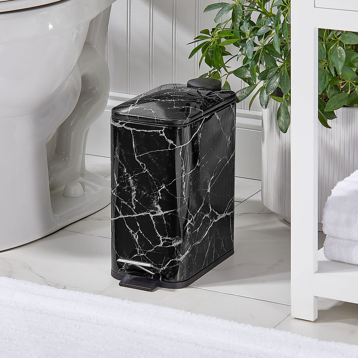 mDesign Slim Metal Rectangle 1.3 Gallon/5 Liter Trash Can with Step Pedal, Easy-Close Lid, Removable Liner - Narrow Wastebasket Garbage Container Bin for Bathroom, Bedroom, Kitchen - Black Marble