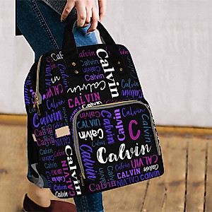 Personalized Bag, Custom Diaper Bag White & Purple Name Initial Black Fashion Multipurpose Daycare Bag Mummy Nursing Baby Bags Shoulder Bag Casual Daypack Bag for Mom Shopping
