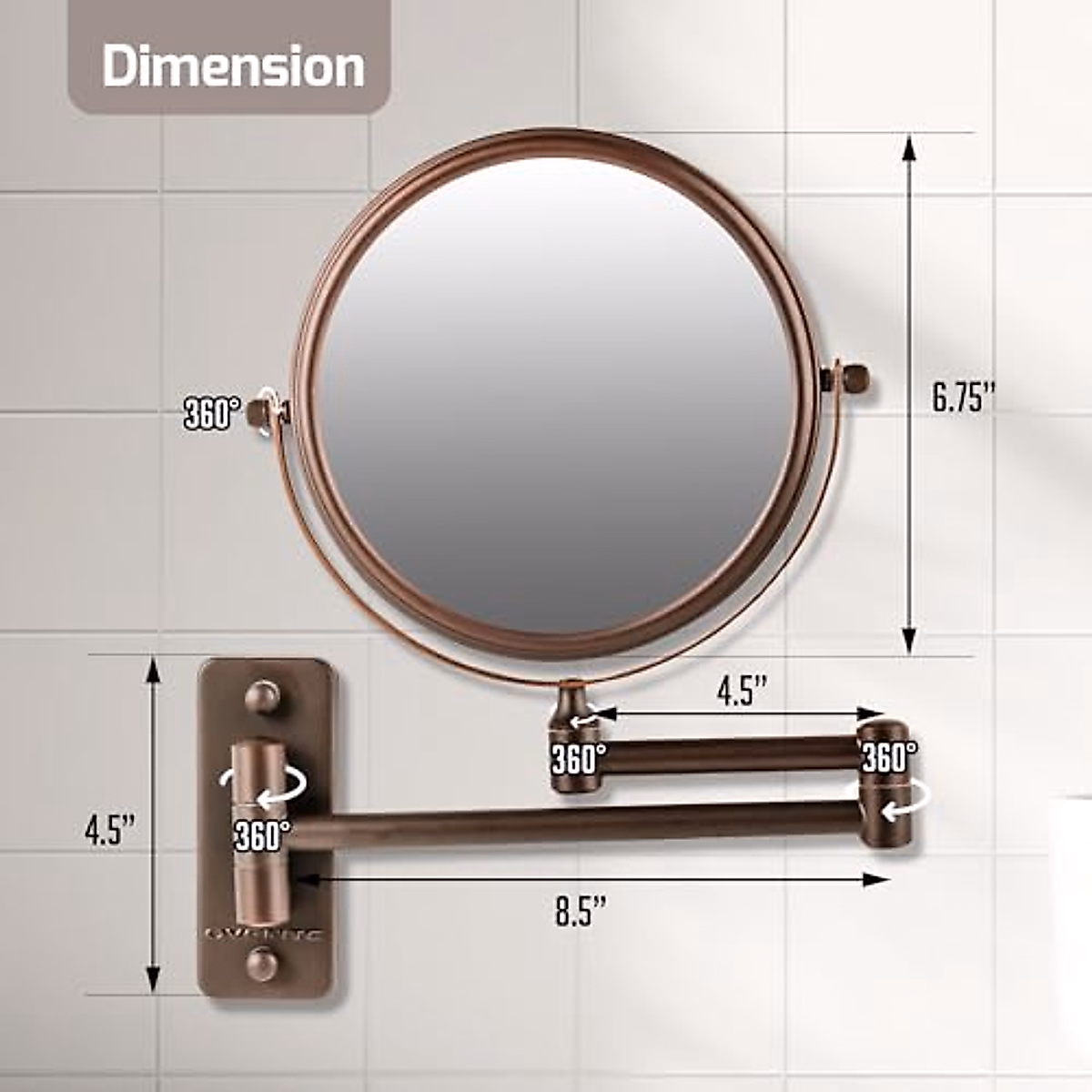 OVENTE 7" Wall Mounted Makeup Mirror with 1X/10X Magnification, Double Sided Magnifying Round Bathroom Vanity Mirror, 360° Swivel Design, Extendable and Folding Arm, Antique Bronze MNLFW70ABZ1X10X