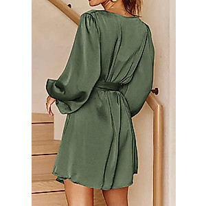 PRETTYGARDEN Women's Spring Long Puff Sleeve Satin Dress V Neck Cocktail Party Belted Short Formal Dresses (Army Green,Medium)