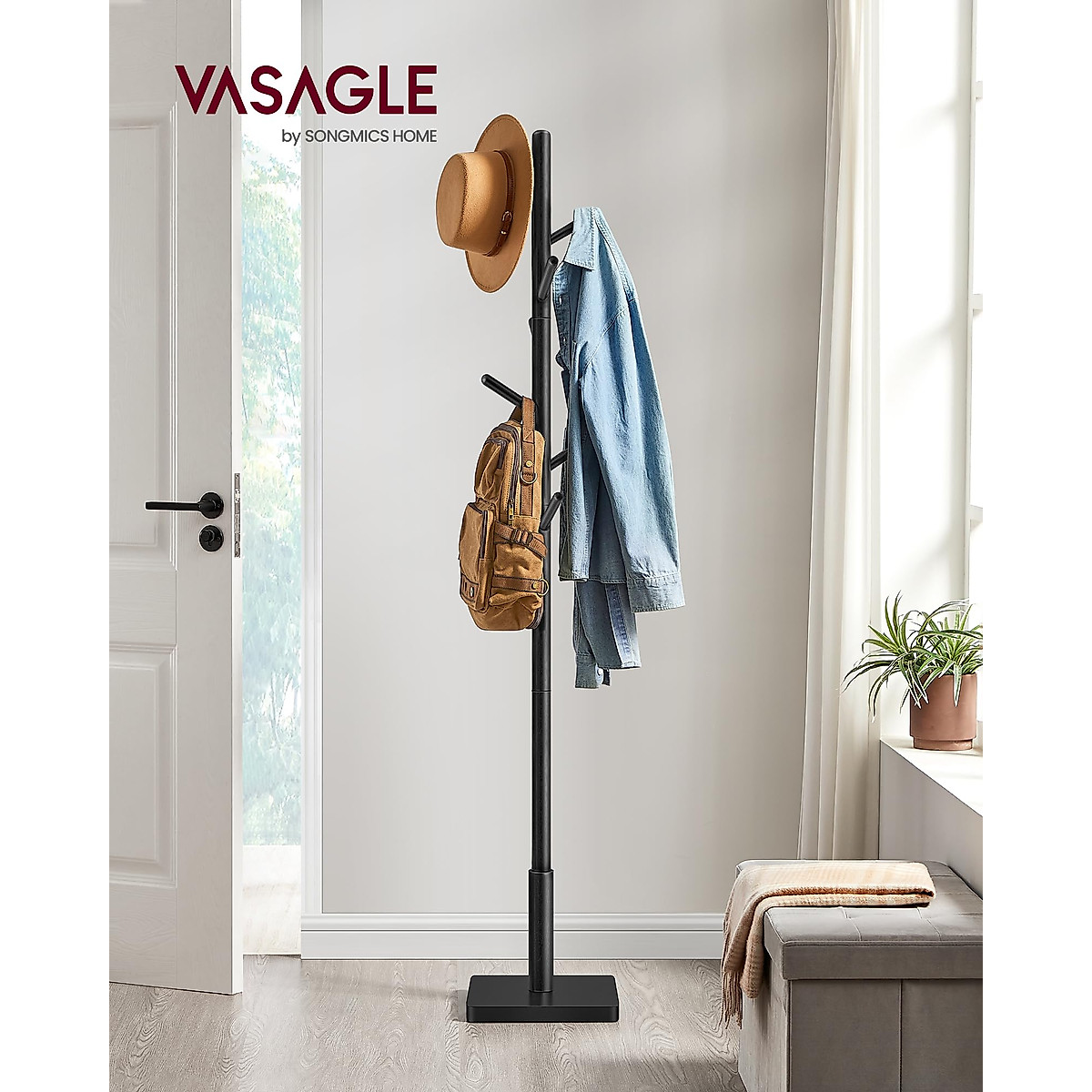 VASAGLE Solid Wood Coat Rack, Free Standing Hall Coat Tree with 8 Hooks, 3 Height Options, for Coats, Hats, Bags, Purses, for Entryway, Hallway, Rubberwood Hooks and Pole, Ink Black URCR010B01