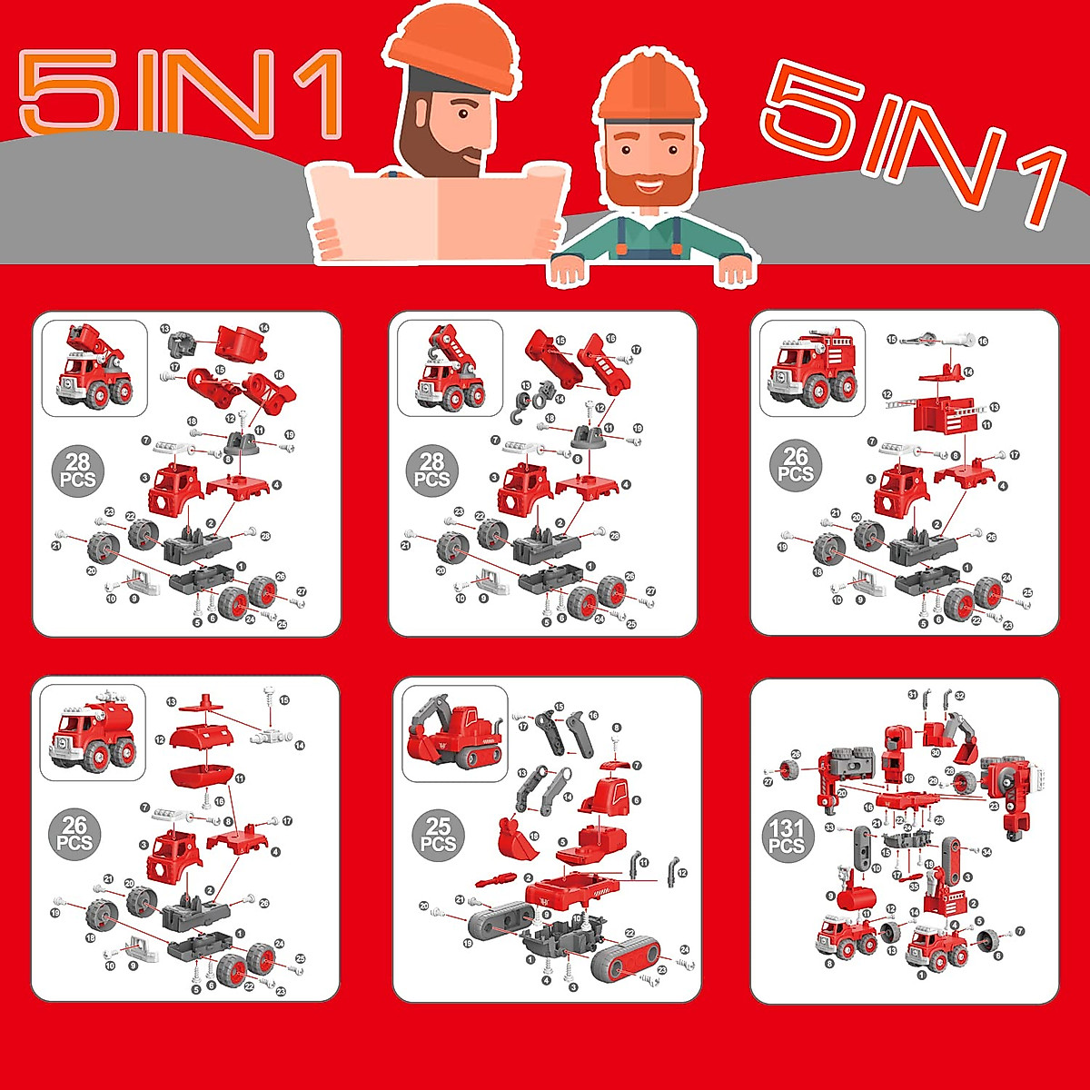 Fire Truck Toy for Boys Take Apart Robot Toys 5 in 1 Transform Robot Car Set, Firetruck Construction Vehicles Sets Building Robot Toys Kits with Drill Light and Music Gift for Boys Girls Ages 3-8