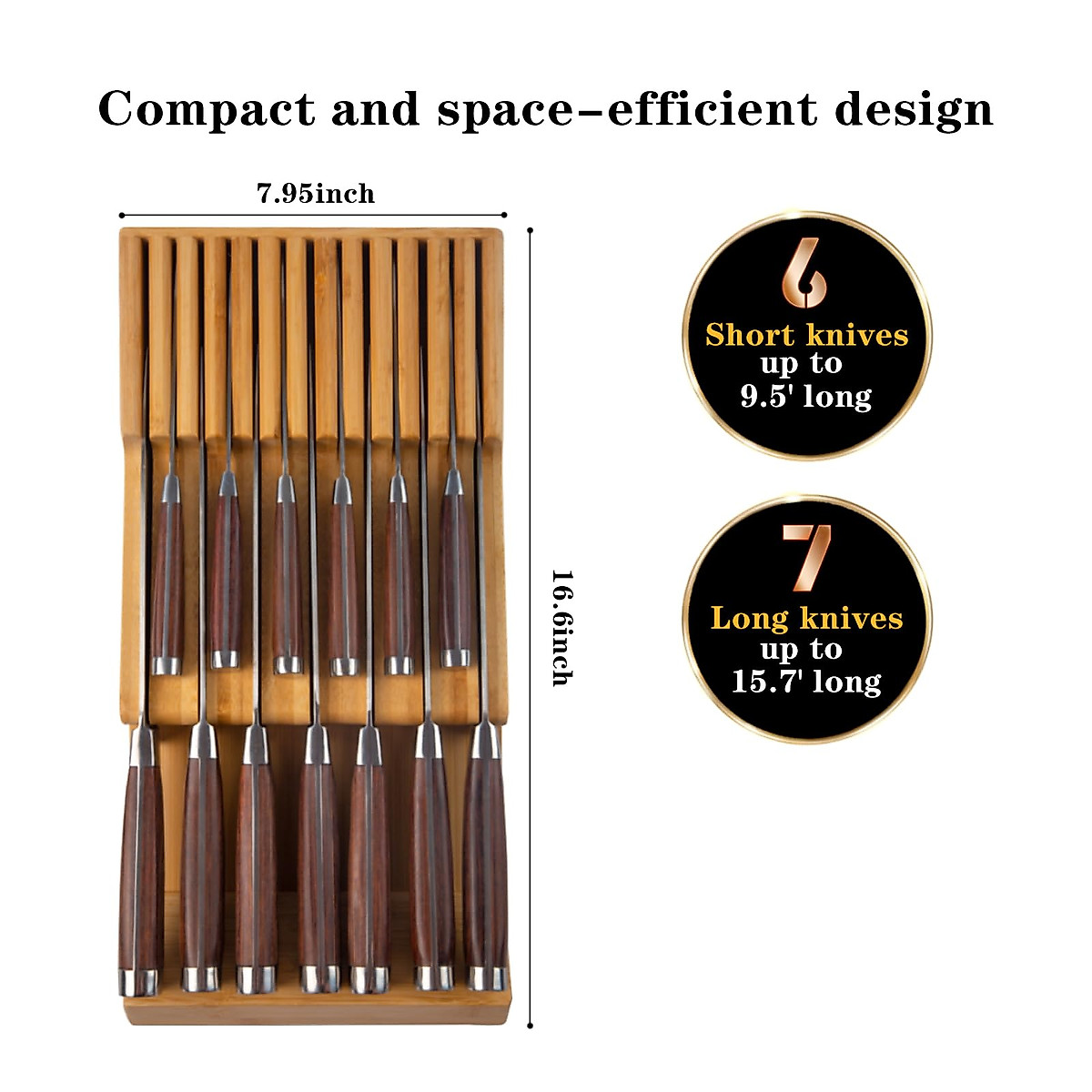Bamboo Kitchen Drawer Knife Block, In drawer Knife Holder, Knife Drawer Organizer fit for 13 knives