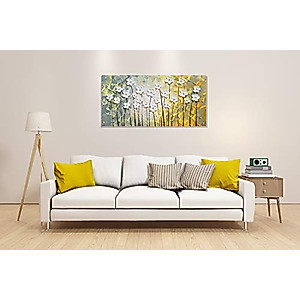 SYGALLERIER White Flower Canvas Wall Art Hand Painted Heavy Textured Paintings Yellow and White Pictures Contemporary Artwork for Living Room Bedroom Dinning Decor