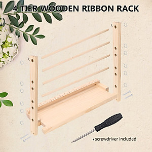Ribbon Storage Organizer Rack 4 Tier Adjustable Wooden Ribbon Holder Spool Holder Organizer Rack Spool for Sewing Craft Mesh Thread Tape Wreath Crochet Roll Washi Tape Craft Gift Florist Wrapping