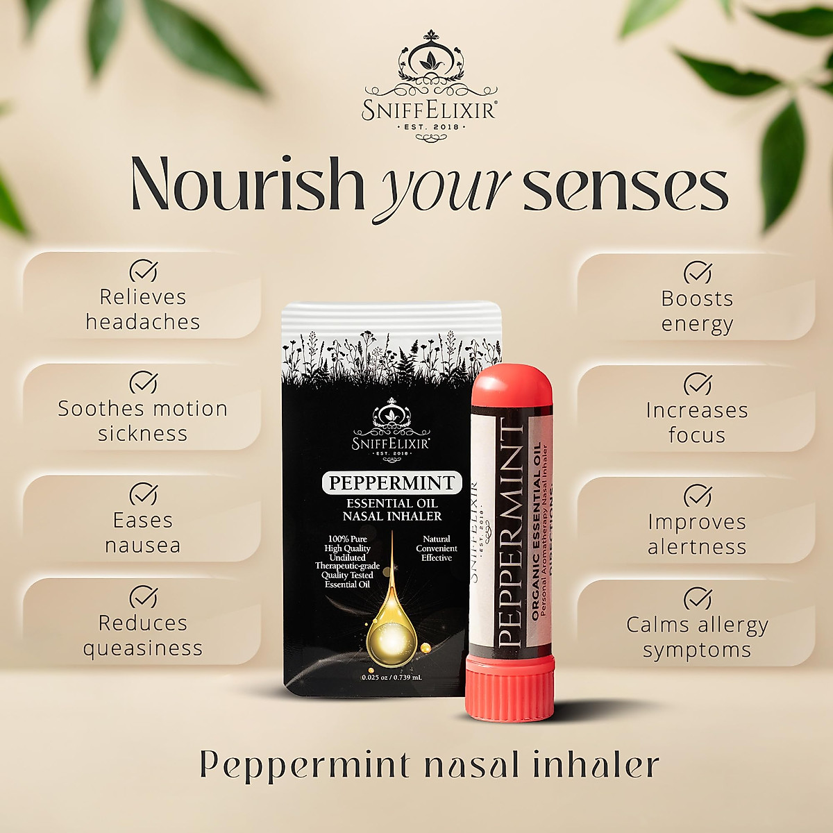 Peppermint Inhaler Nasal Stick - Aromatherapy Nasal Inhaler, Portable Nose Inhaler Stick, Non Drowsy Motion Sickness Nausea Stick with Peppermint Essential Oil for Migraine Stick, and Headache