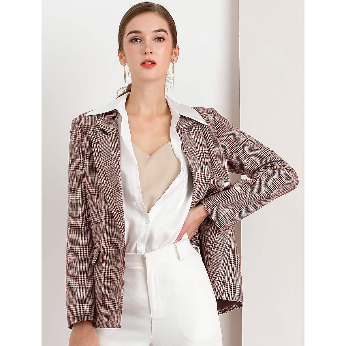 Allegra K Women's Notched Lapel One Button Boyfriend Blazer Suit Plaid Blazer Jacket Small Burgundy