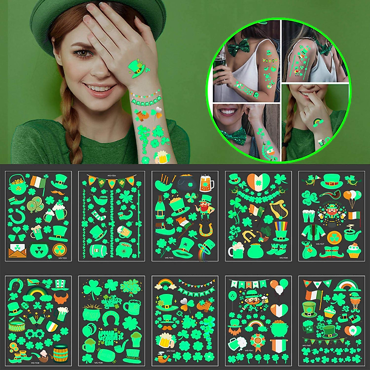 beiling Kids Saint Patrick’s Day Luminous Temporary Tattoos Stickers Shamrock Beer Glow in Dark Children Holiday Fluorescent Tattoos Stickers for Face Body Arms Baby Girl Boy St Patricks Party Favor Accessories (10 sheets)