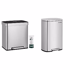 SONGMICS 2 x 8 Gal. Dual Compartment Kitchen Trash Can, 15 Trash Bags Included, Silver ULTB202E01 & 13.2 Gal (50L) Kitchen Trash Garbage Can, with Plastic Inner Bucket, Hinged Lid, Soft Closure