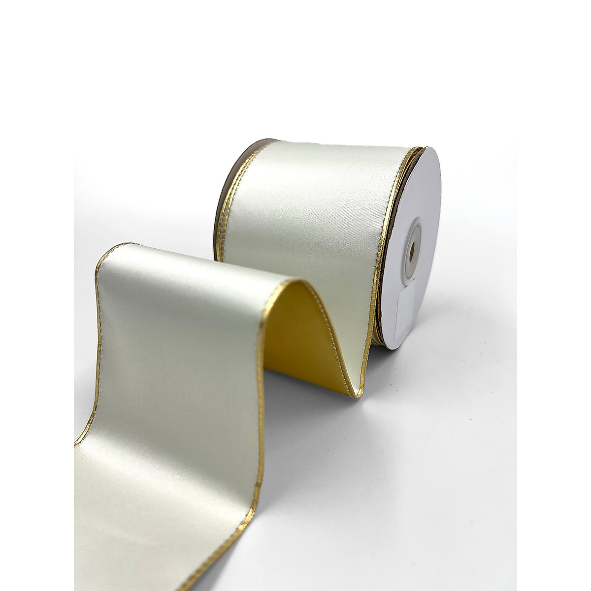 3 Inch Satin Metallic Reversible Ribbon with Wired Woven Edge - 428-3-09S Ivory/Gold