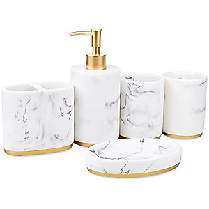 5-Piece Bathroom Counter Top Accessory Set - Dispenser for Liquid Soap or Lotion, Soap Dish, Toothbrush Holder and 2 Tumblers, Gold Base, Marble Pattern Resin (White)