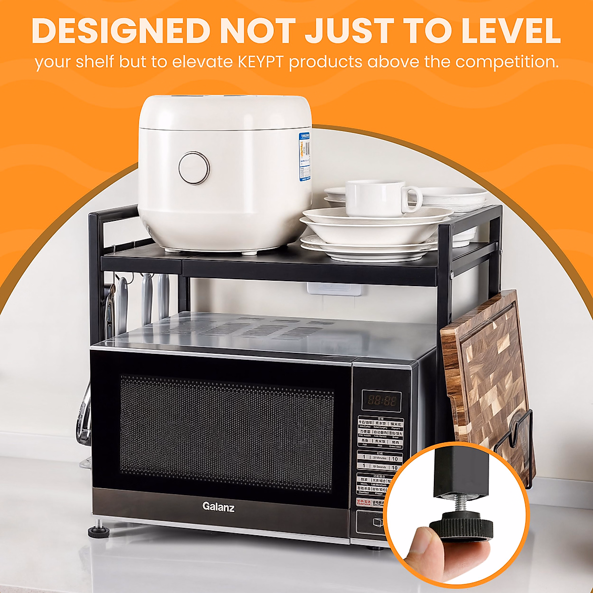 KEYPT Extendable Microwave Oven Rack - Adjustable Kitchen Counter Shelf, 2 Tier Microwave Stand with 6 Hooks for Kitchen Countertop Organizer (Black) Microwave Shelf with Cutting Board Attachment