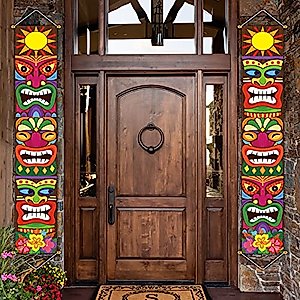Bunny Chorus Summer Hawaiian Luau Party Porch Sign Set, Tropical Tiki Totem Aloha Hibiscus Hawaiian Decorations for Outdoor Indoor, Hanging Banner Yard Porch Decor Party Decoration Ornament