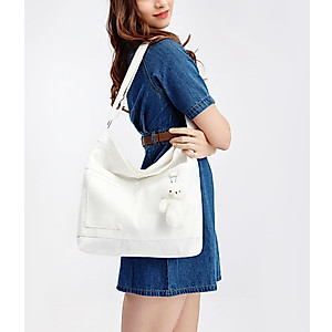Covelin Womens Canvas Bag with Bear Pendant Crossbody Purse Top Zip Shoulder Handbag White