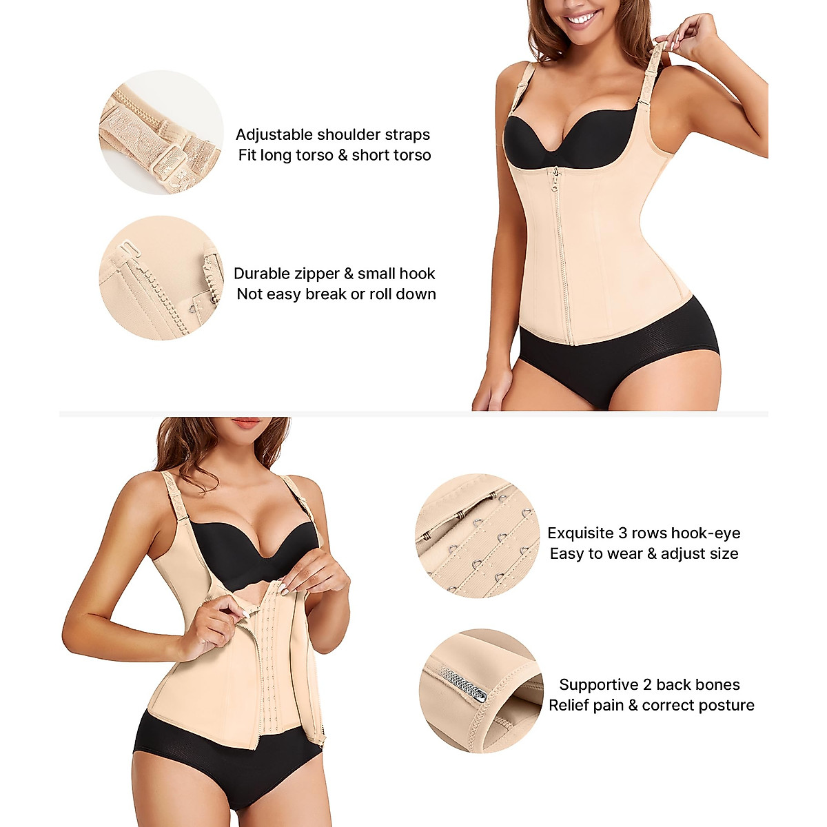 Nebility Women Waist Trainer Corset Zipper Vest Body Shaper Cincher Tank Top with Adjustable Straps (M, Beige)