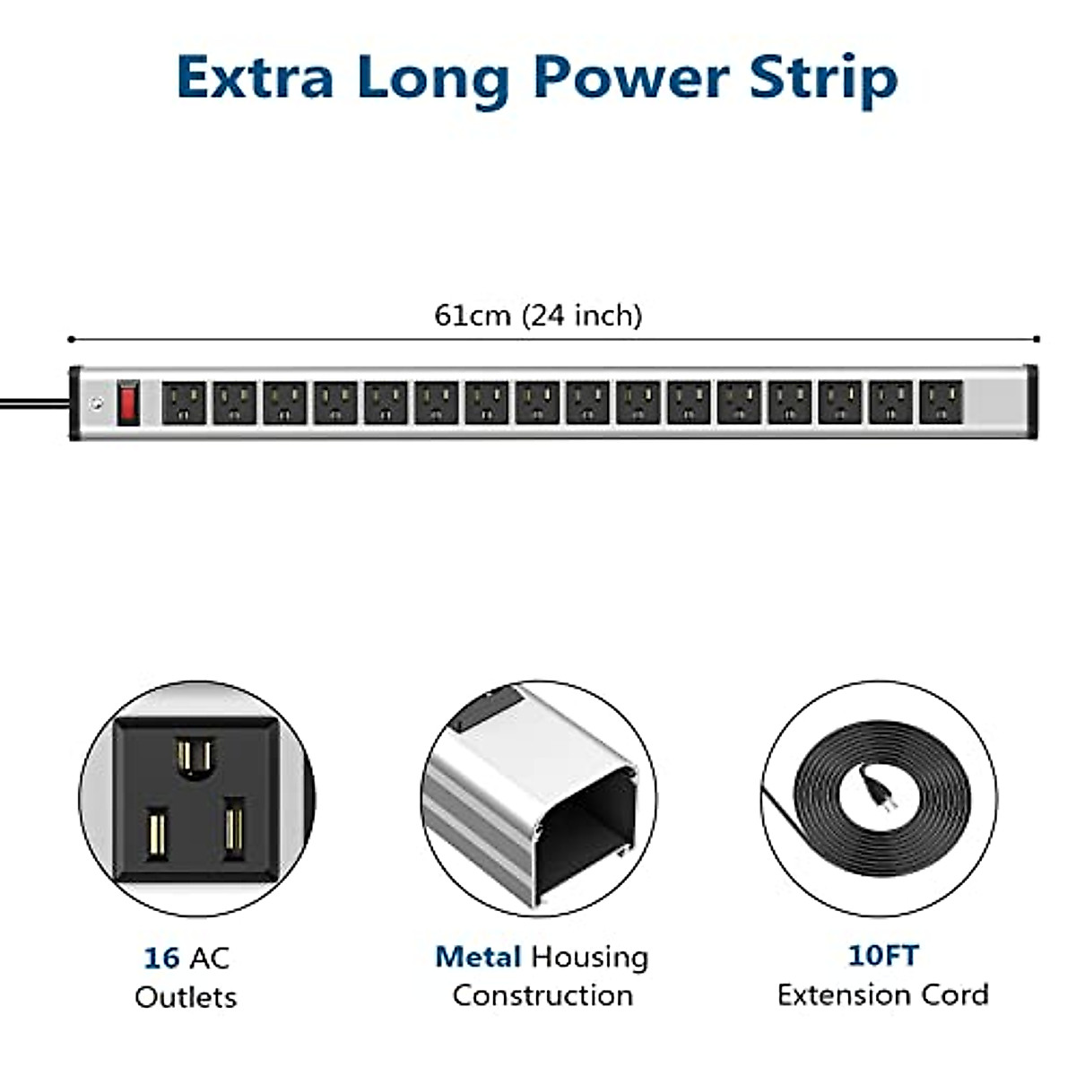 Metal 16 Outlet Power Strip, Extra Long Power Strip With10ft Cord, BTU Heavy Duty Power Strip Wall Mount, Garage Power Strip with Switch for Work Shop, Workbench Industrial Commercial Use (Silver)