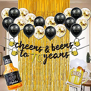 70th Birthday Decorations for Men, 70 Years Birthday Decorations with 40 Inch Gold Number Balloons, Banner, 70 Sign Latex Balloon, Fringe Curtains and Cups Foil Balloons