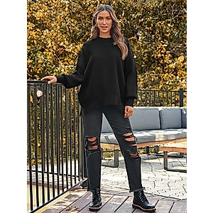 LILLUSORY Women's Oversized Batwing Sweaters 2024 Fall Outfits Crewneck Ribbed Knit Side Slit Trendy Pullover Tops Black XL