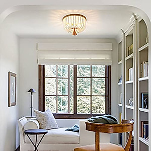 VILUXY Bohemia Wood Beaded Flush Mount Ceiling Light Antique Rustic Mini Chandelier White Finishing for Bedroom, Kitchen Island, Girl Room 3-Light