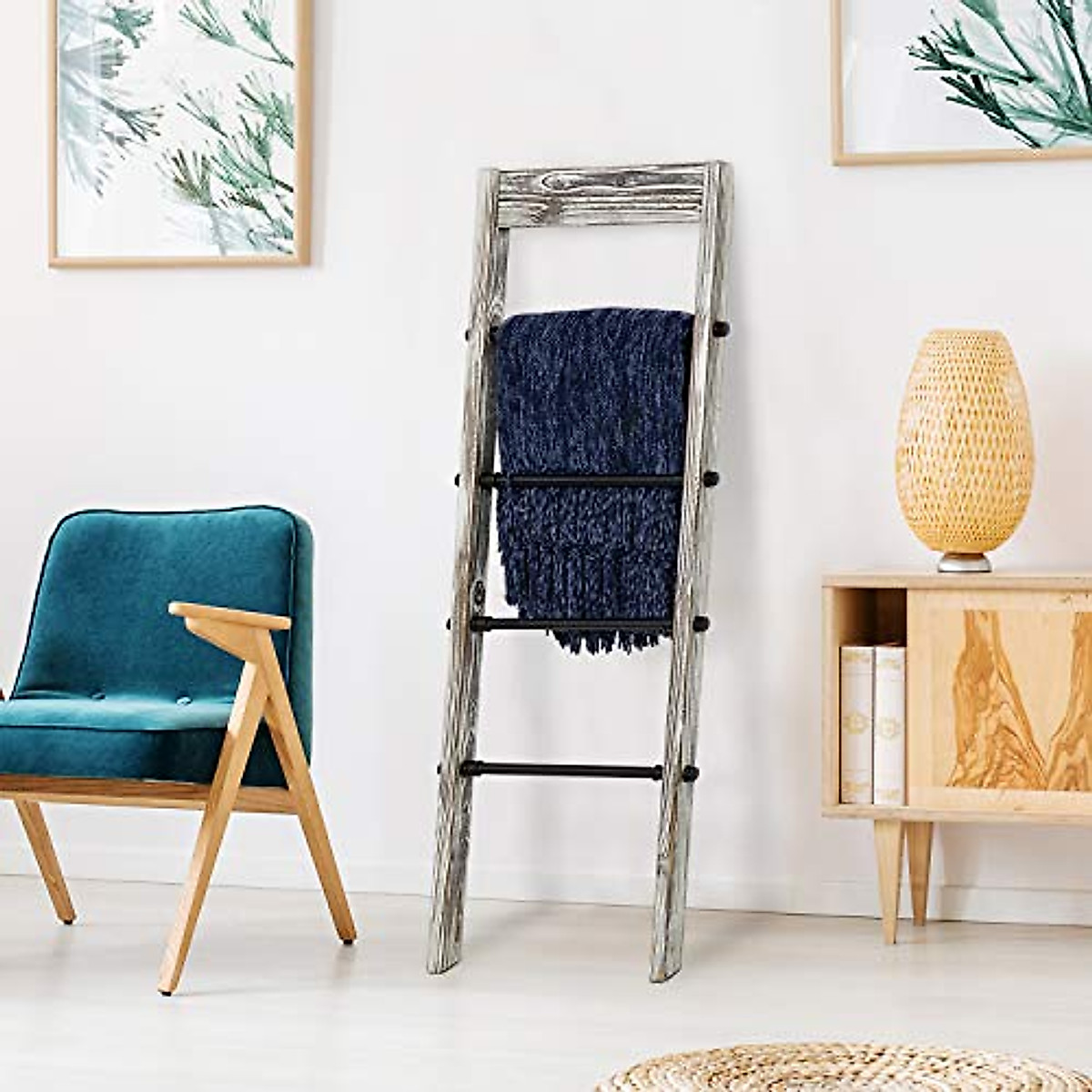 MyGift Solid Torched Wood Wall Leaning Blanket Ladder Quilt Rack, Farmhouse Bathroom Storage Towel Ladder Holder with Industrial Black Metal Pipe Rung