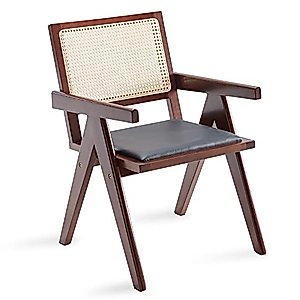 STARY Mid Century Modern Leather Rattan Dining Room Chair, 1 Pcs, Black