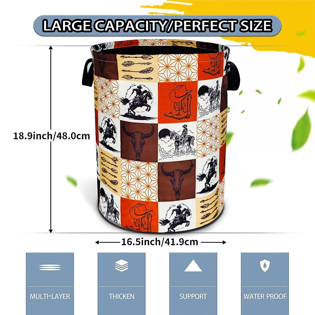 Western Cowboy Laundry Basket Cow Skull Foldable Oxford Cloth Funny Tote Bag Laundry Hamper Clothes Storage Bucket Toy Organizer For Bathroom/Laundry Storage/Bedroom 18.9x16.5 Inch