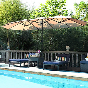MFSTUDIO 15ft Double Sided Patio Umbrella with Base Included, Outdoor Large Rectangular Market Umbrellas with Crank Handle for Deck Pool Shade, Beige