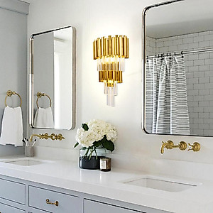 WABON Modern Crystal Wall Sconce Lighting 3-Light Gold Wall Sconce Crystal Hallway Wall lamp for Living Room Antique Gold