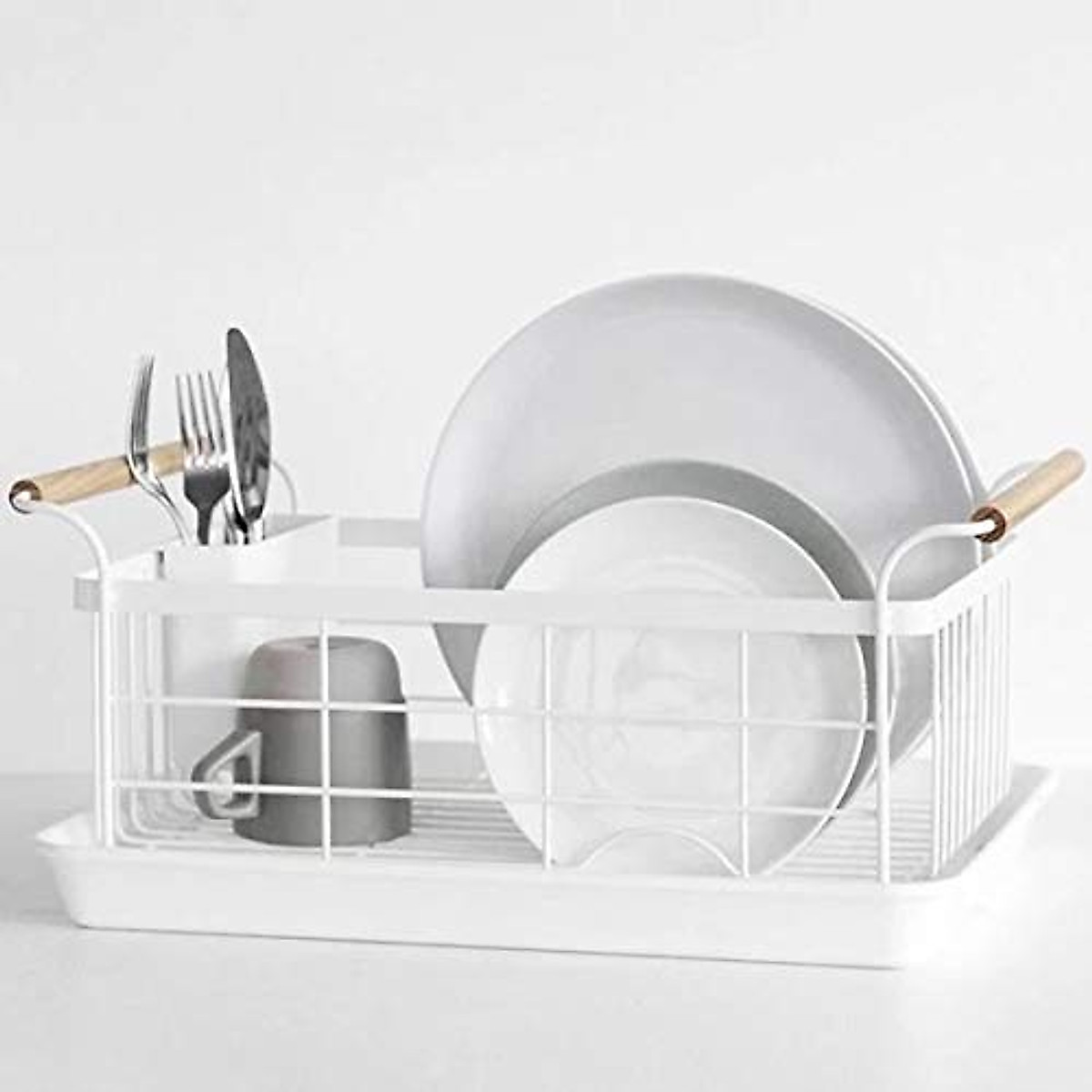 BRIAN & DANY Kitchen Dish Drainer, Drying Rack with Full-Mesh Storage Basket, Wooden Handle, Removable Cutlery Tray