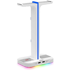 havit RGB Gaming Headphone Stand Desk Dual Headset Hanger Base with Phone Holder & 2 USB Ports for Desktop PC Game Earphone Accessories, White (Renewed)