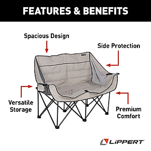 Lippert Campfire Folding Loveseat with 500-lb. Weight Capacity, Carry Bag, Durable Mesh Fabrics, High-Loft Cushioning, Storage Pocket, Dual Cupholders, Stemmed Wine Glass Holder (Sand) - 2021000205