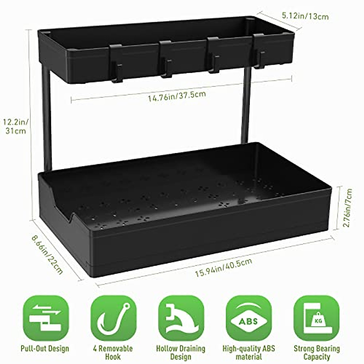 Mastom Under Sink Organizers and Storage, Kitchen Bathroom Sink Organizer with Hooks, 2 Tier L Shaped Pull Out Under Cabinet Basket Storage with Sliding Drawers, Black